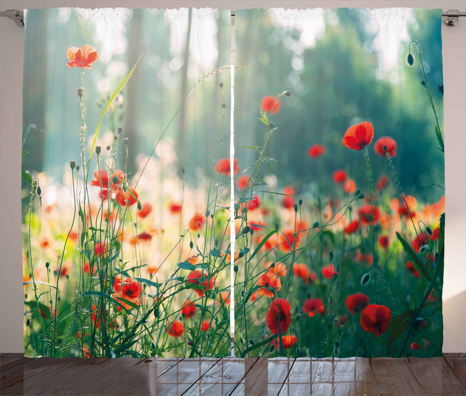 Nature Curtains 2 Panels Set, Wild Red Poppy Flowers Field Summertime ...