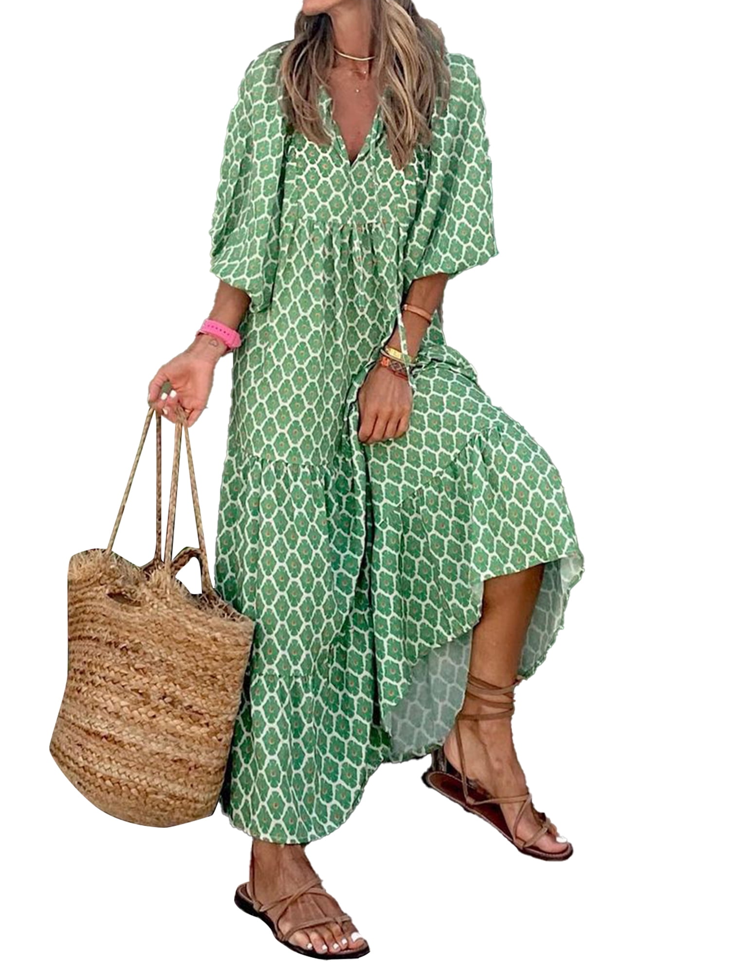 Thaisu Women Boho Floral Puff Sleeve Tiered Maxi Dress Casual Layered ...