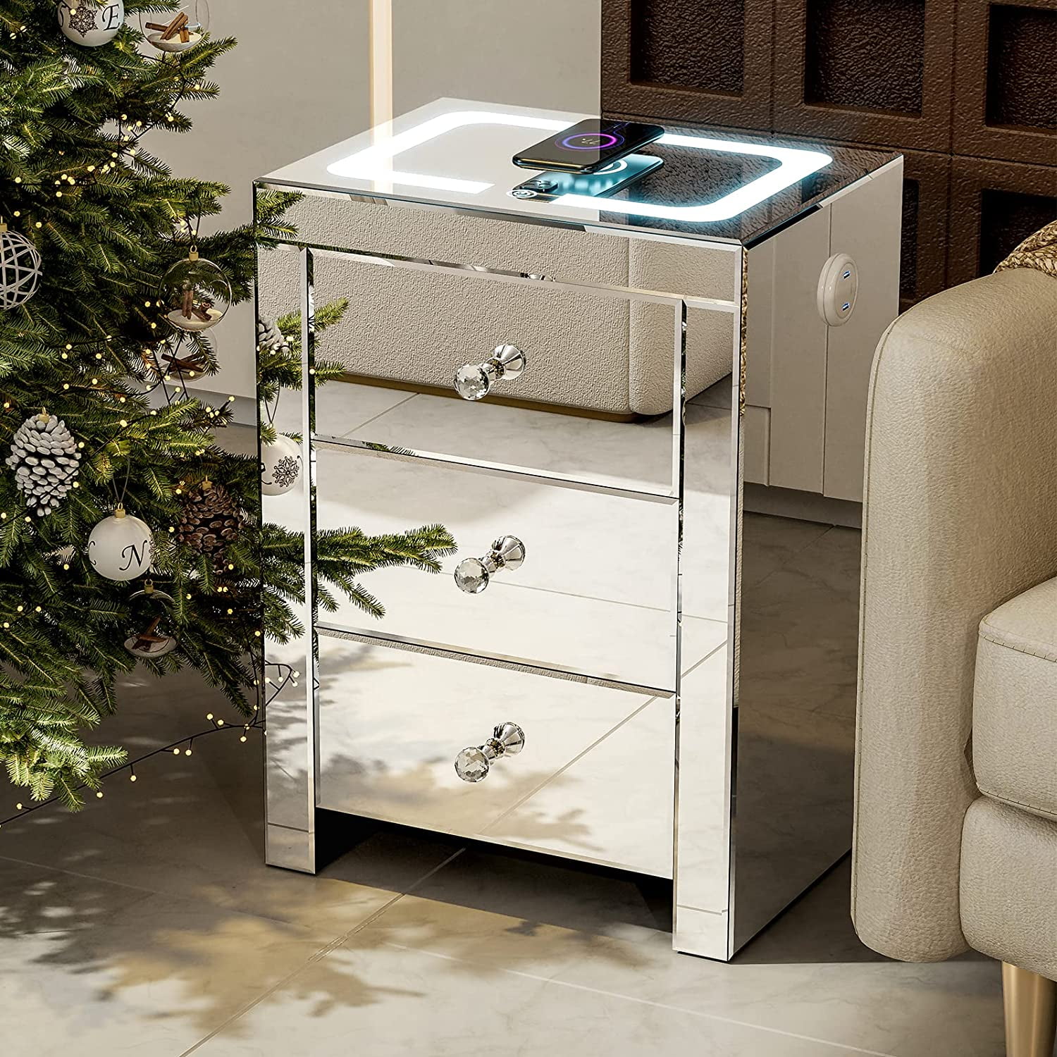 IKIFLY Mirrored Nightstands End Table with Wireless Charging and Color ...