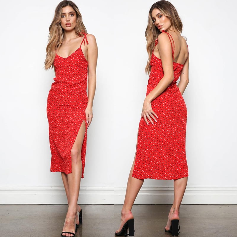 Anself Women Sleeveless Slit Dress Dot Floral Print V Neck Spaghetti