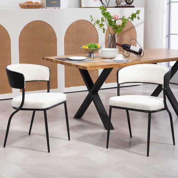 Set of 2 Avrom White Boucle Dining Chair with Black Metal Legs ...