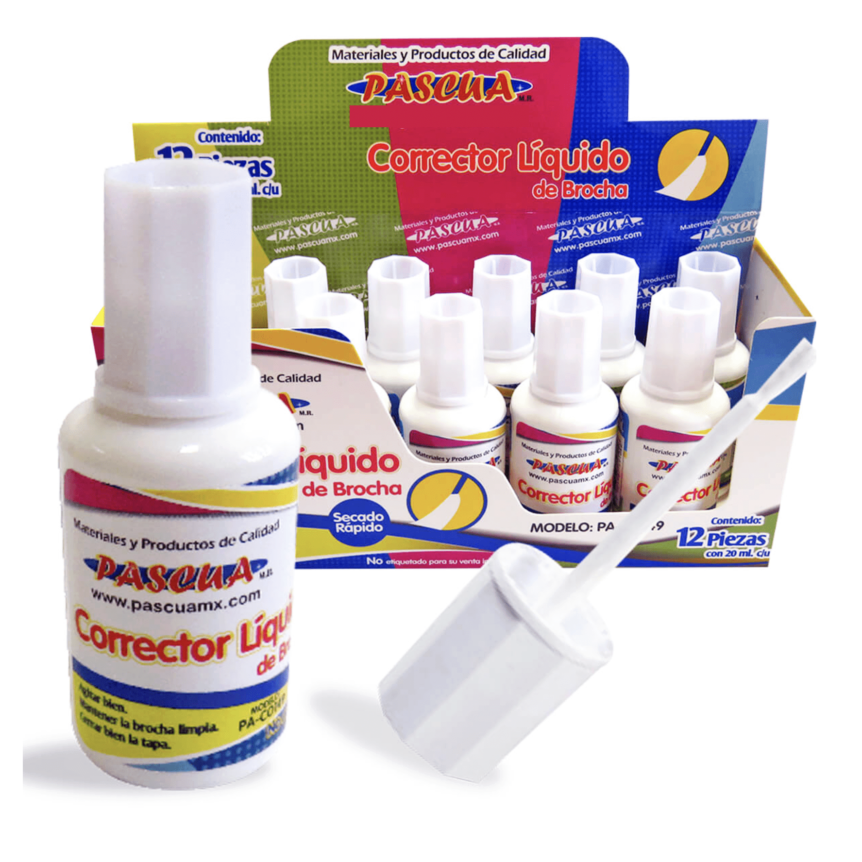 CORRECTOR LIQUIDO 20 ML PASCUA FRASCO CON BROCHA SECADO RÁPIDO CAJA CON ...