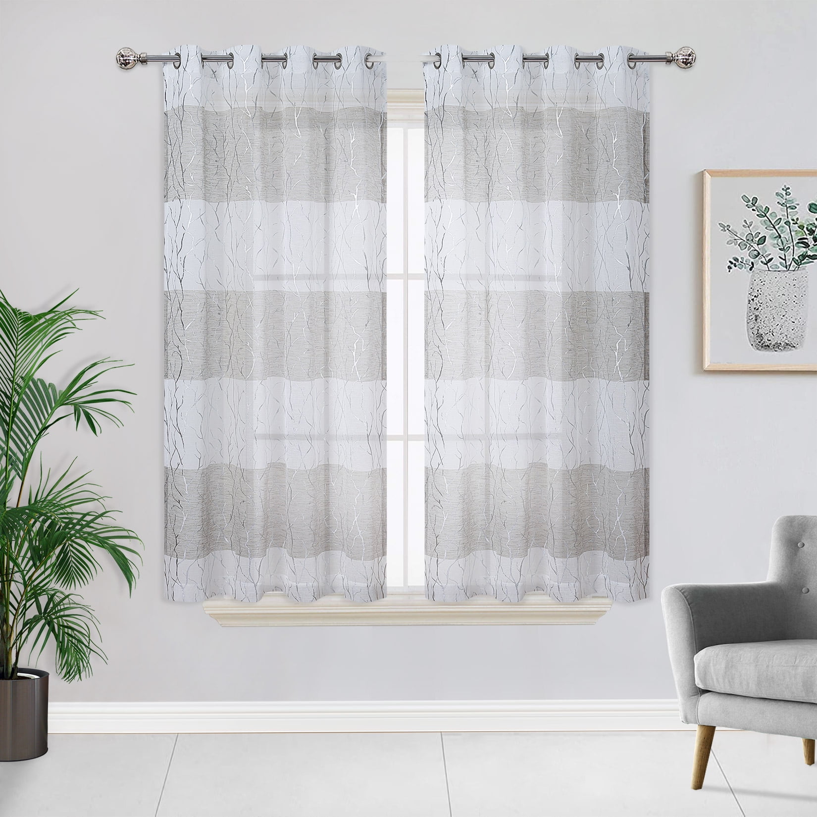 2 Panels Sheer Curtain, Tree Branch Print Semi Sheer Top Grommet ...