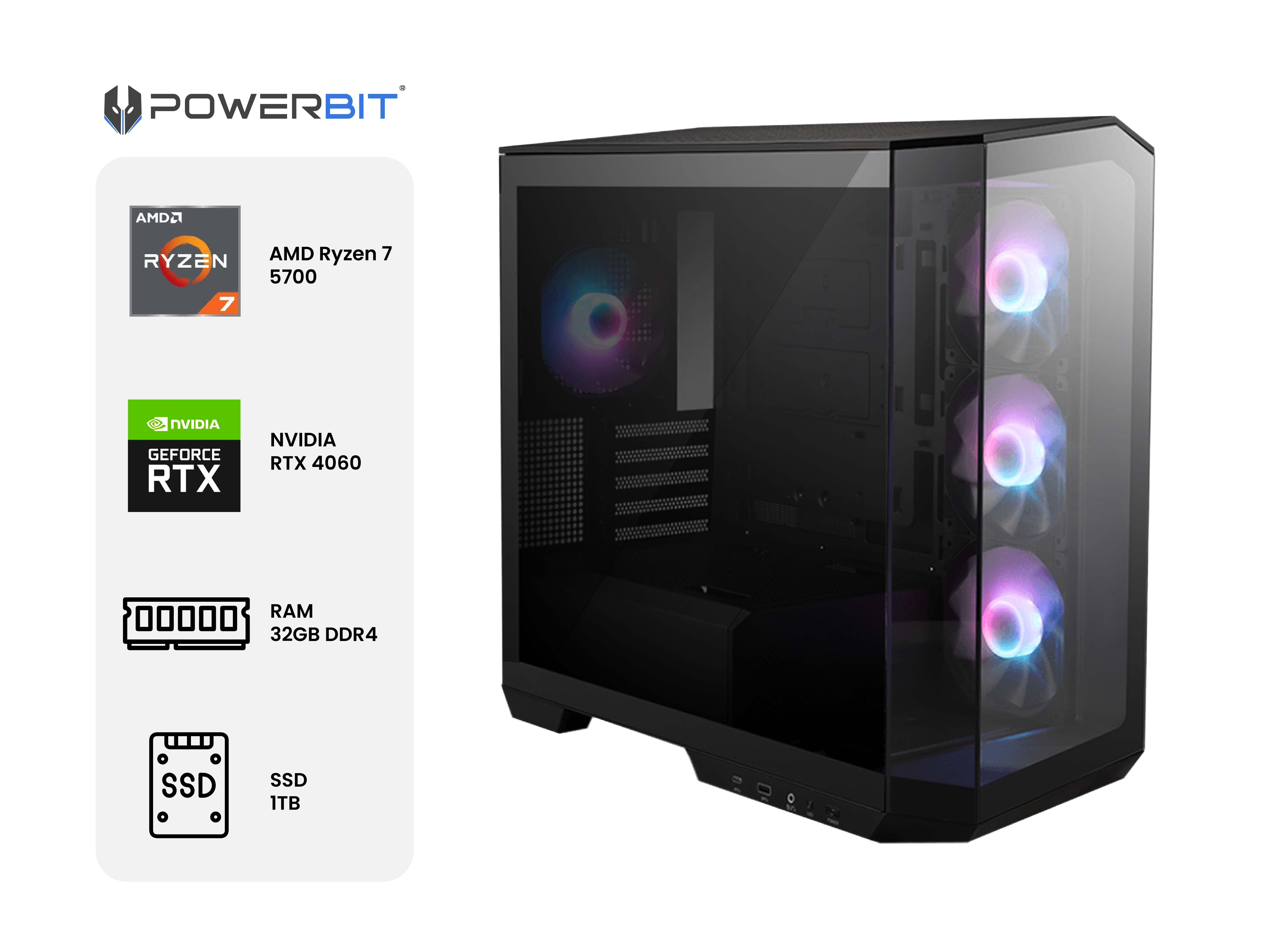 PC Gamer Powerbit Shadow Beast AMD Ryzen 7 5700 RAM 32GB DDR4 SSD 1TB ...