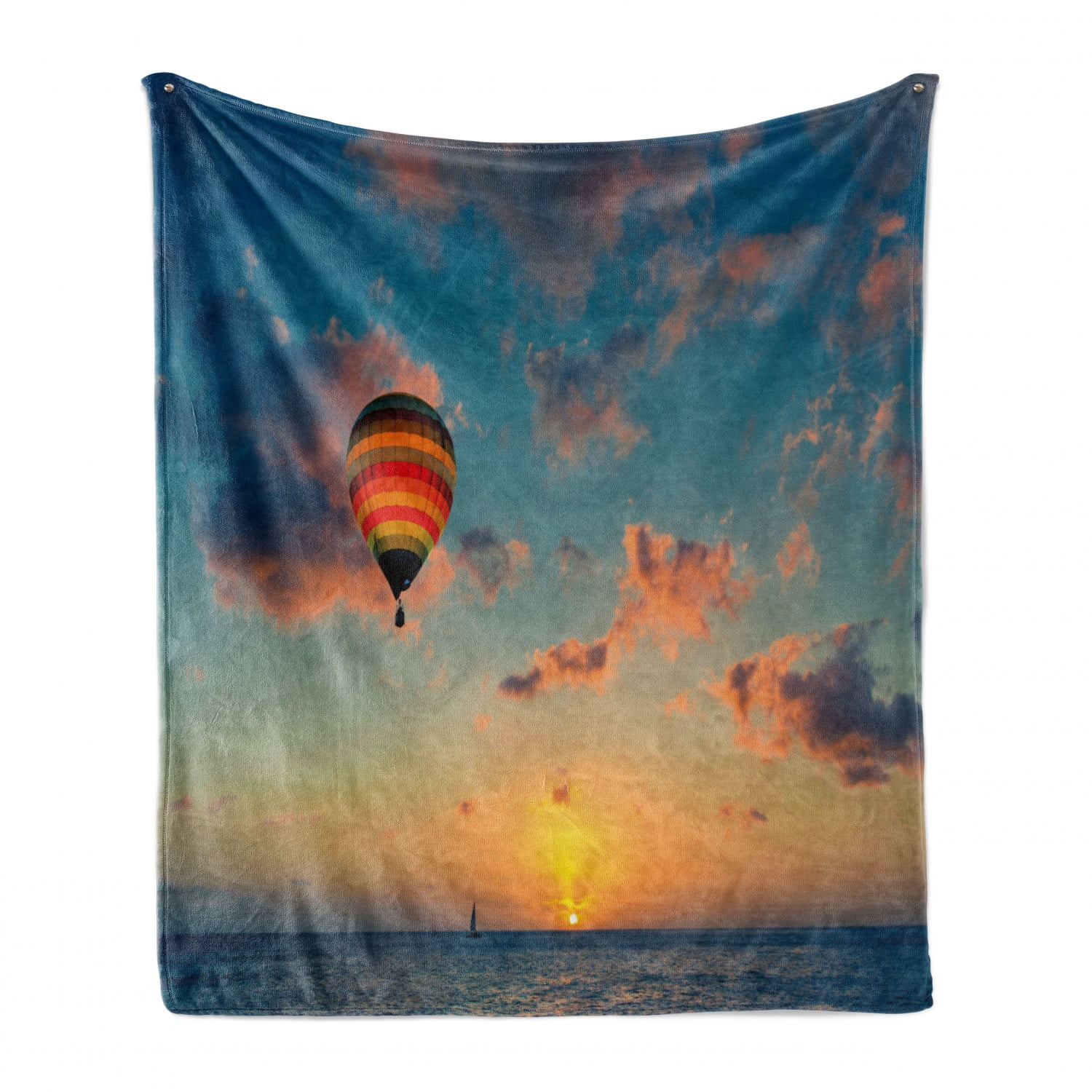 Sunset Soft Flannel Fleece Blanket, Hot Air Balloon on Skyline with ...