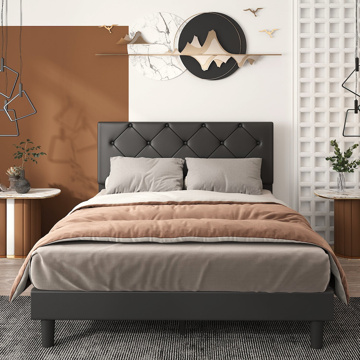 uhomepro Full Size Bed Frame, Faux Leather Button Tufted Upholstered ...