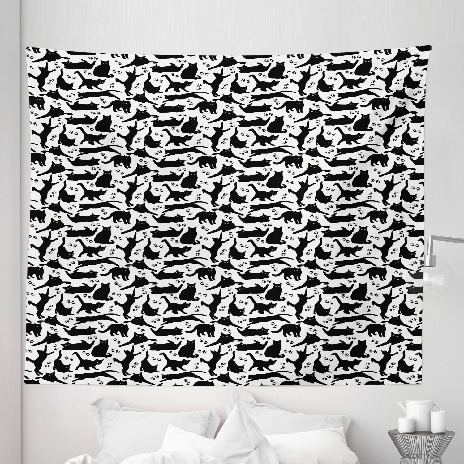 Cat Tapestry, Cats Yellow Eyes in Different Positions Paw Traces ...