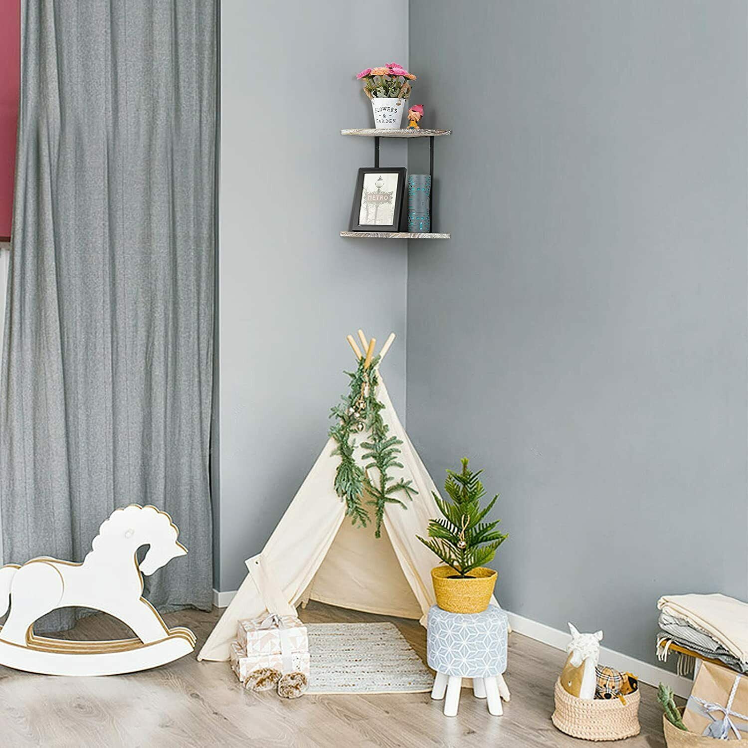 Rustic Corner Sheves Wall 2-Tier Round Corner Shelf Wood Corner ...