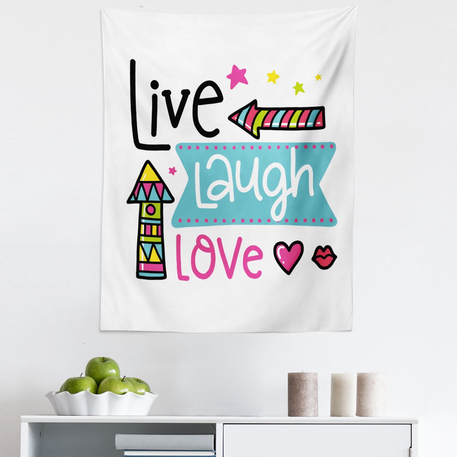 Live Laugh Love Tapestry, Lively Colors Cartoon Arrows with Geometric ...