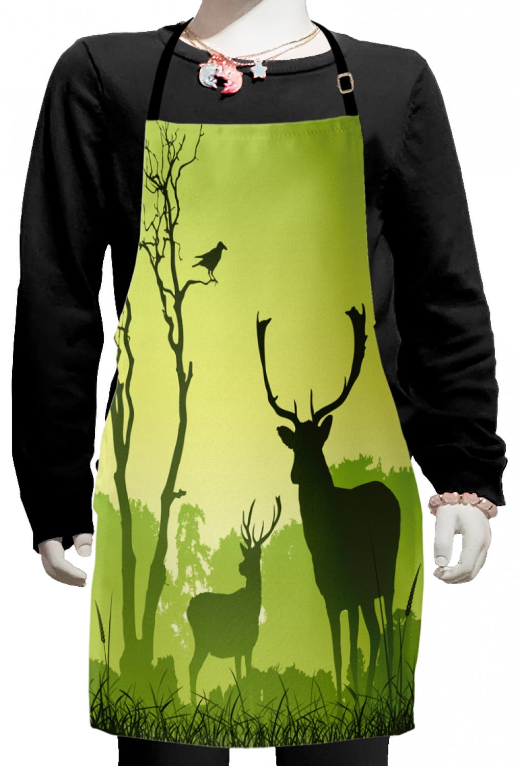 Antlers Kids Apron, Male Deer on a Meadow with Trees and Crow Bird ...