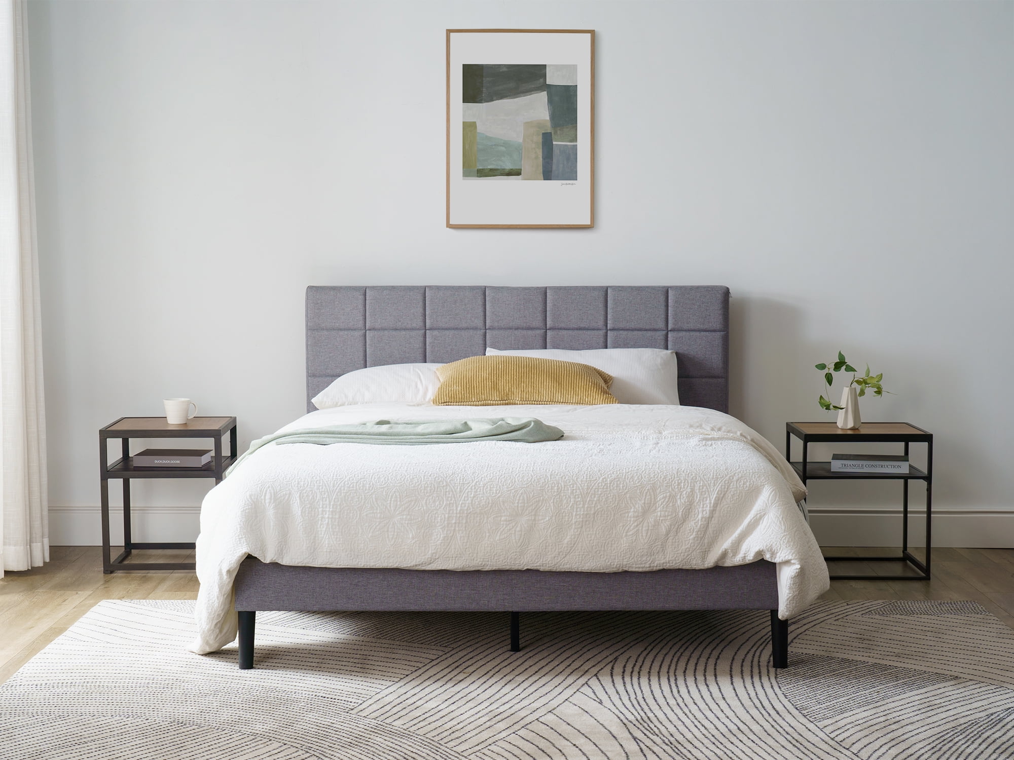 Mainstays Upholstered Queen Platform Bed Frame with Square Stitch ...