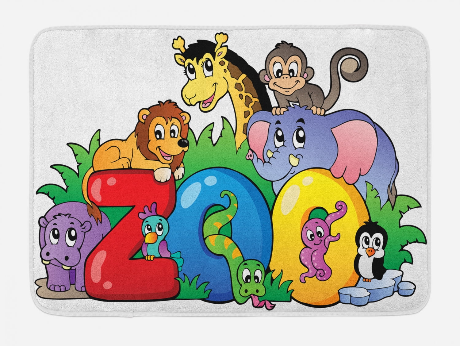 Zoo Bath Mat, Zoo Sign with Various Animals Mascot Cartoon Characters ...