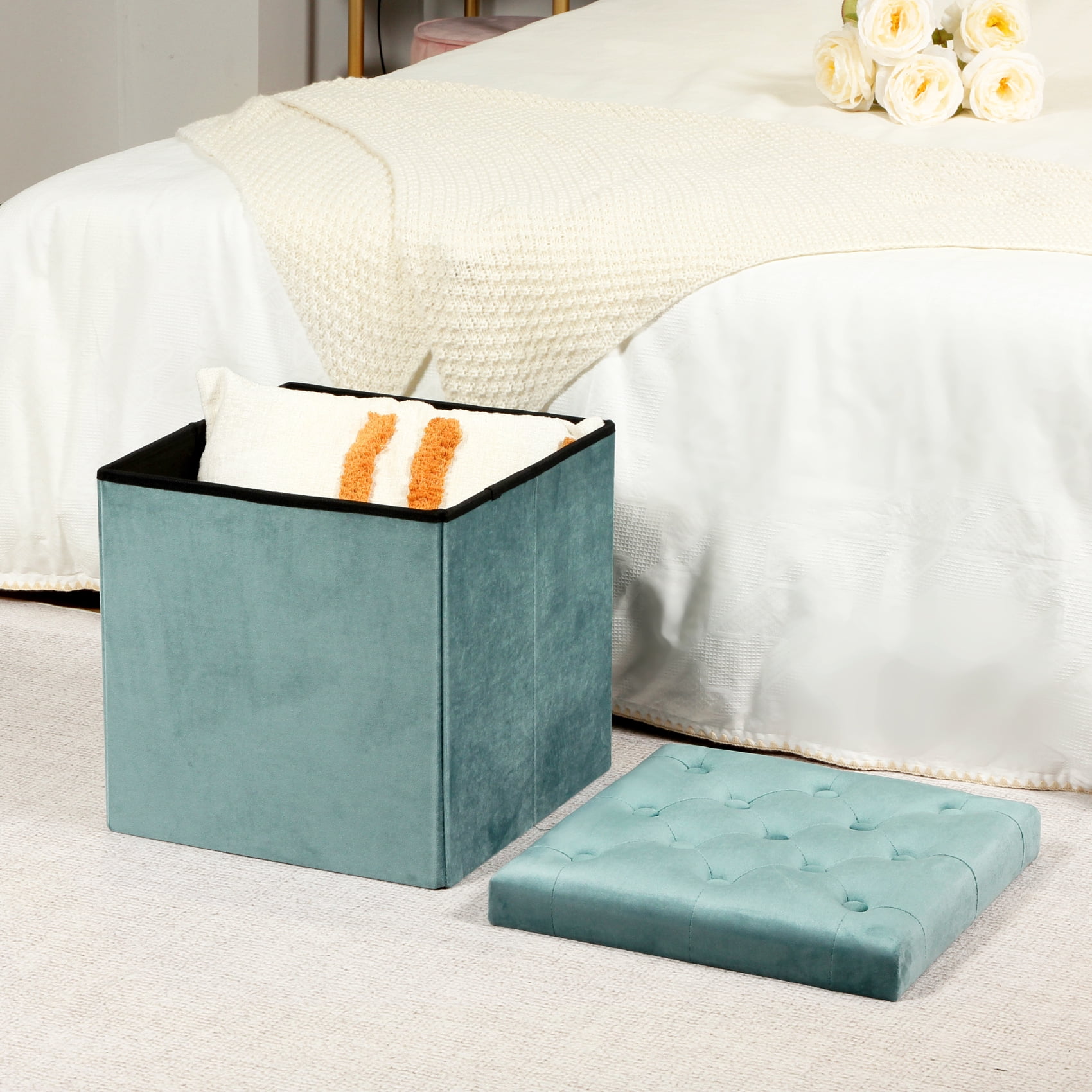 PINPLUS 15.7" Teal Storage Ottoman Velvet Tufted Folding Ottomans ...