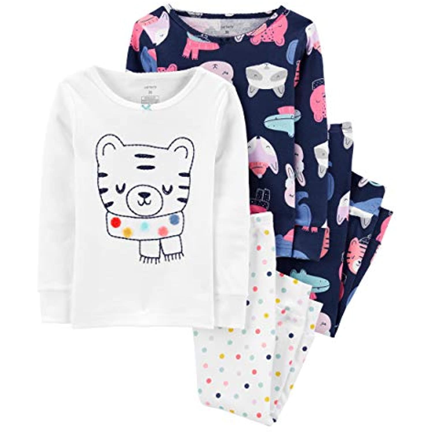 Carter's Girls Pajamas PJs 4pc Cotton Snug Swan Striped Set (Grey Navy ...