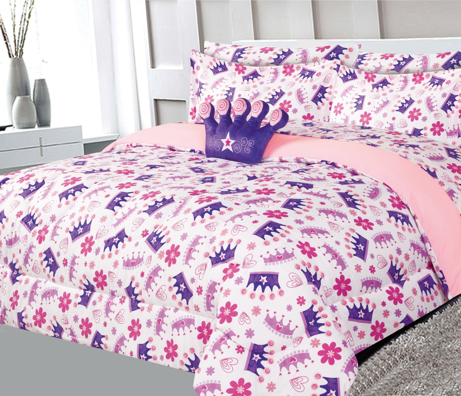 TWIN CROWN GIRLS BEDDING SET, Beautiful Microfiber Comforter With Furry ...