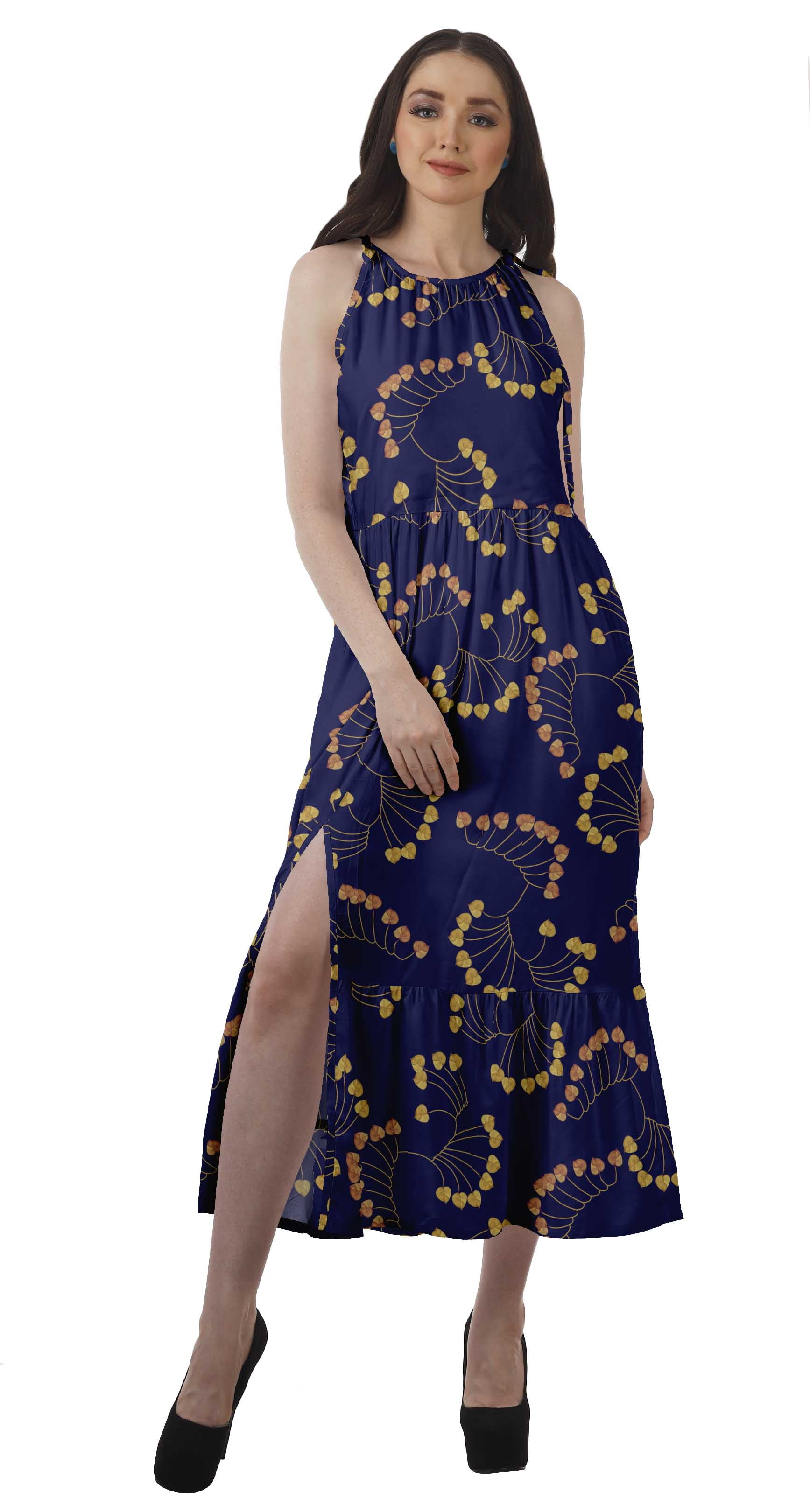 Moomaya Printed Women Long dress Front Slit Sexy Sleeveless Rayon ...