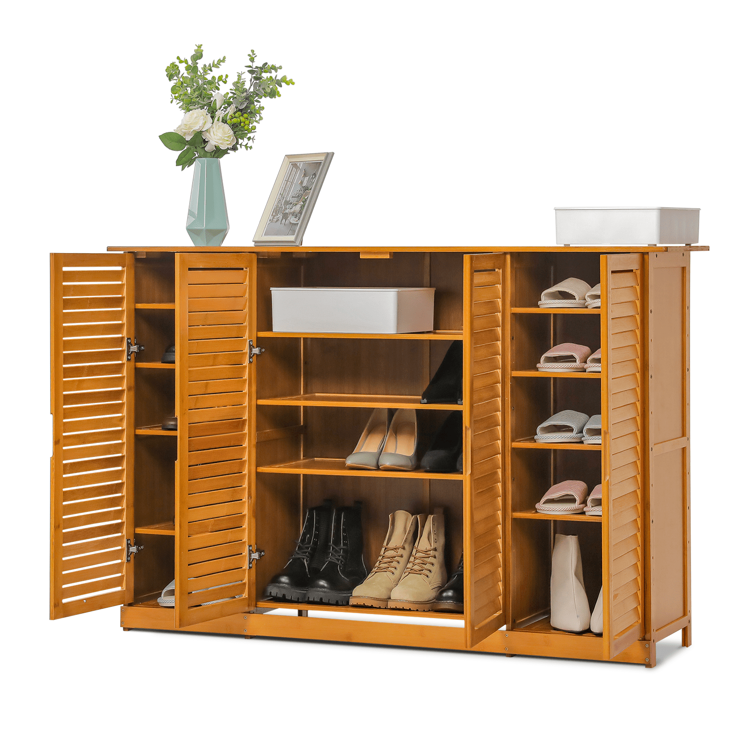 Magshion Bamboo 5 Tiers 32 Pairs Storage Shoes Rack Blinds with Door ...