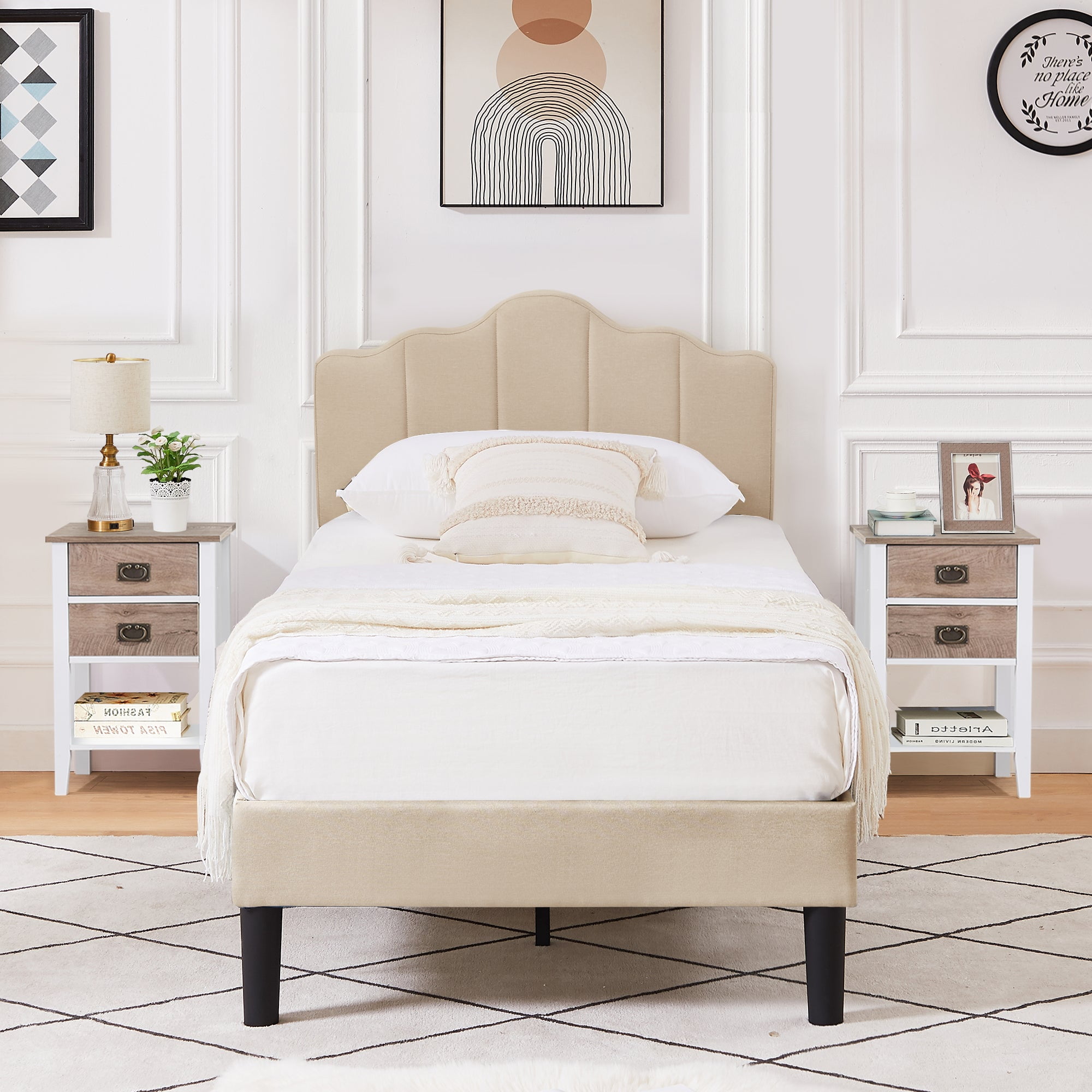 VECELO 3-Piece Bedroom Set Include Beige Upholstered Bed Frame and 2 ...