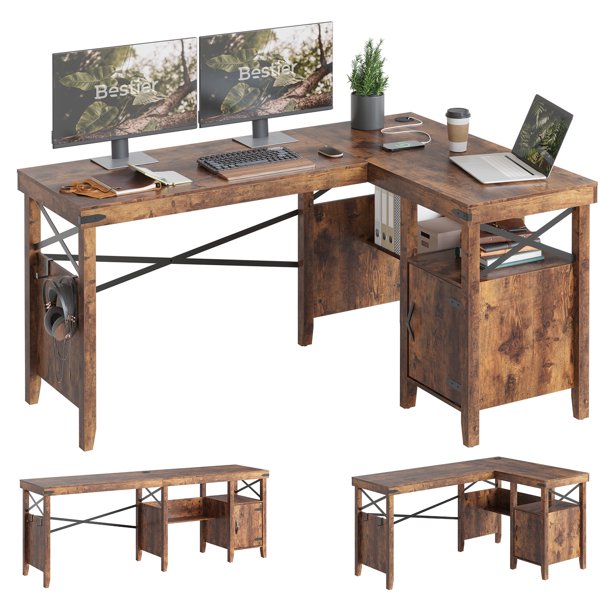 Bestier Farmhouse Reversible L-Shaped Computer Desk 60 inches Home ...