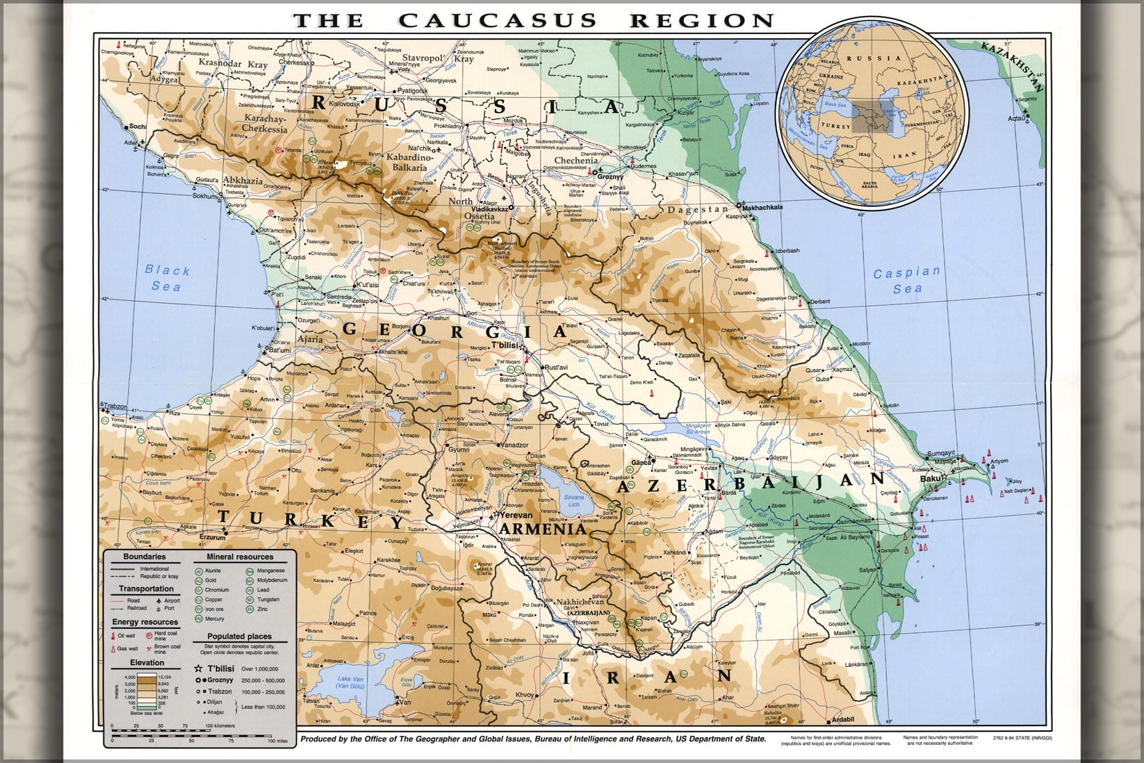 24"x36" Gallery Poster, map of caucasus georgia armenia azerbaijan 1994 ...
