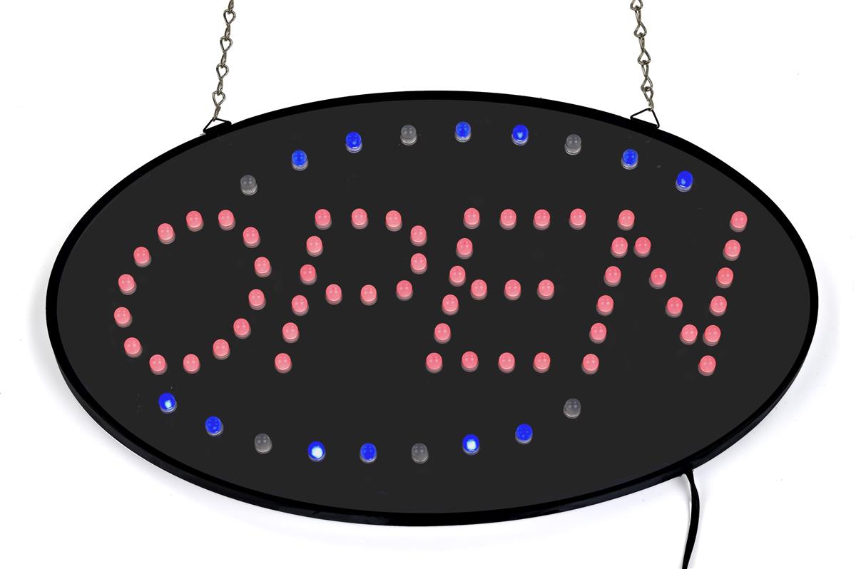 Oval Shaped LED Flashing Sign Reads OPEN, Red And Blue Bulbs ...