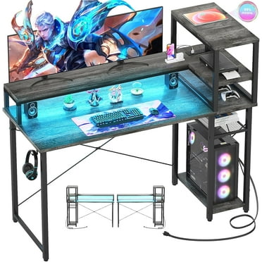 Homieasy Gamer L-Shaped Desk with Hutch, LED Lights, Power Outlets, USB ...