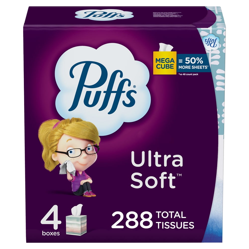 Puffs Ultra Soft Non-Lotion Facial Tissue, 4 Mega Cubes, 72 Facial ...