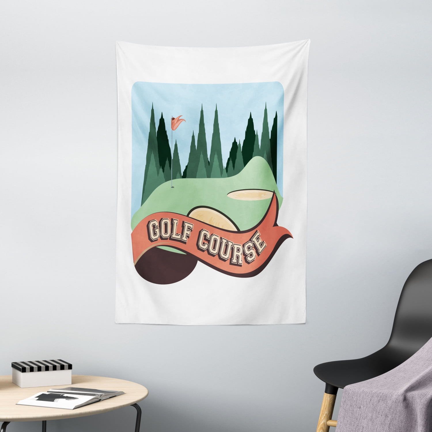 Golf Course Scene Tapestry, Cartoonish Graphic of Forest Hills and Flag ...