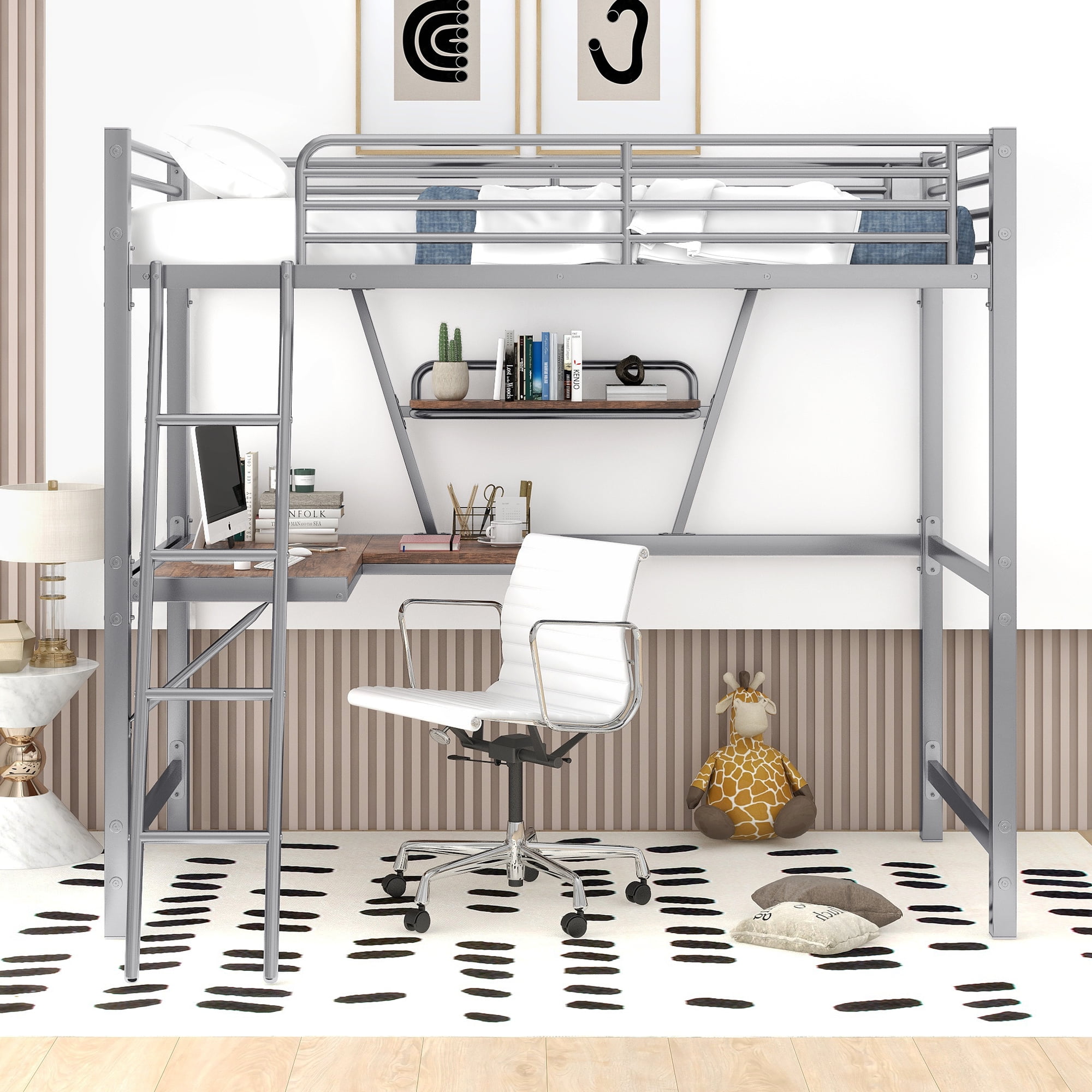 Twin Size Loft Metal&MDF Bed with Long Desk and Shelf, Multifunctional ...