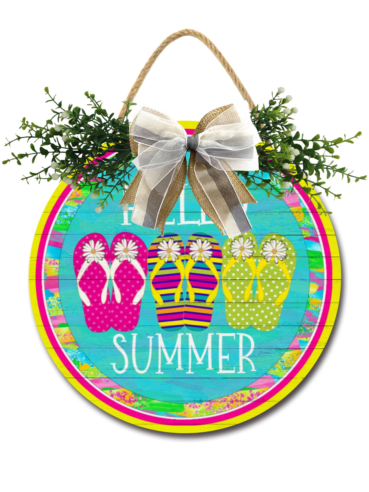 Hello Summer Door Sign Home Decor Round Wood Wreaths Wall Hanging Sign ...