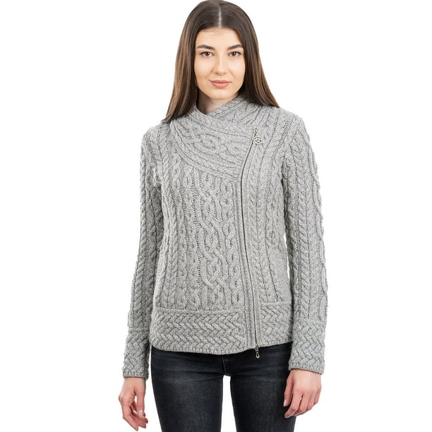 SAOL 100% Merino Wool Women's Aran Zip Cable Knit Cardigan Sweater ...