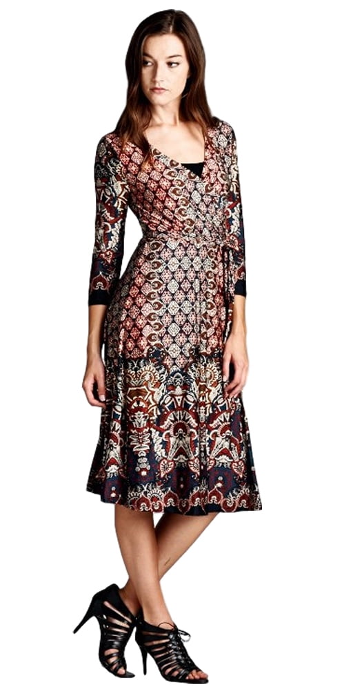PacificPlex Womens Knee-Length Faux Wrap Damask Print Dress 3/4 Sleeve ...