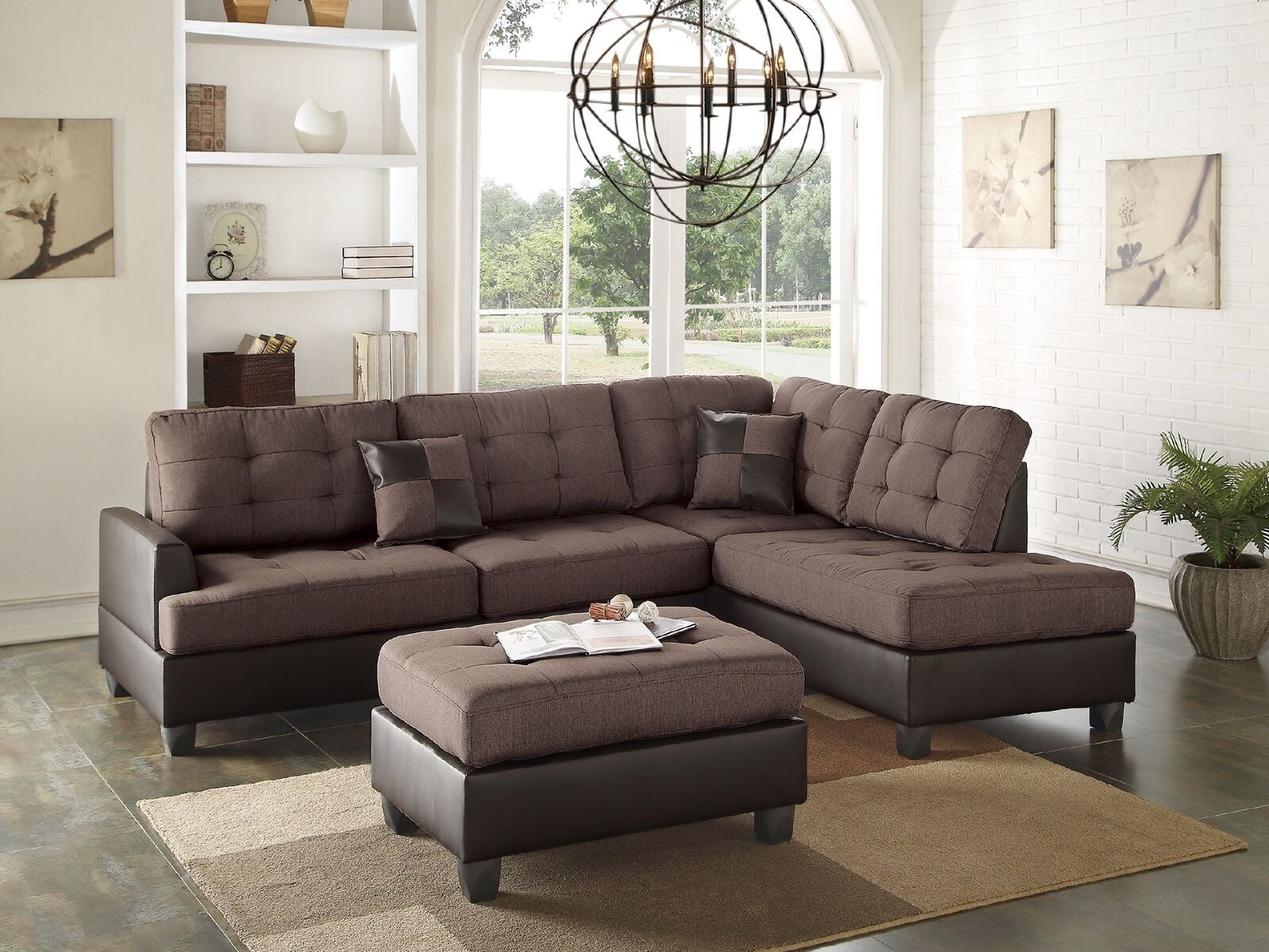 Sectional Sofa Set Classic Chocolate Linen Like Fabric Sofa Chaise ...
