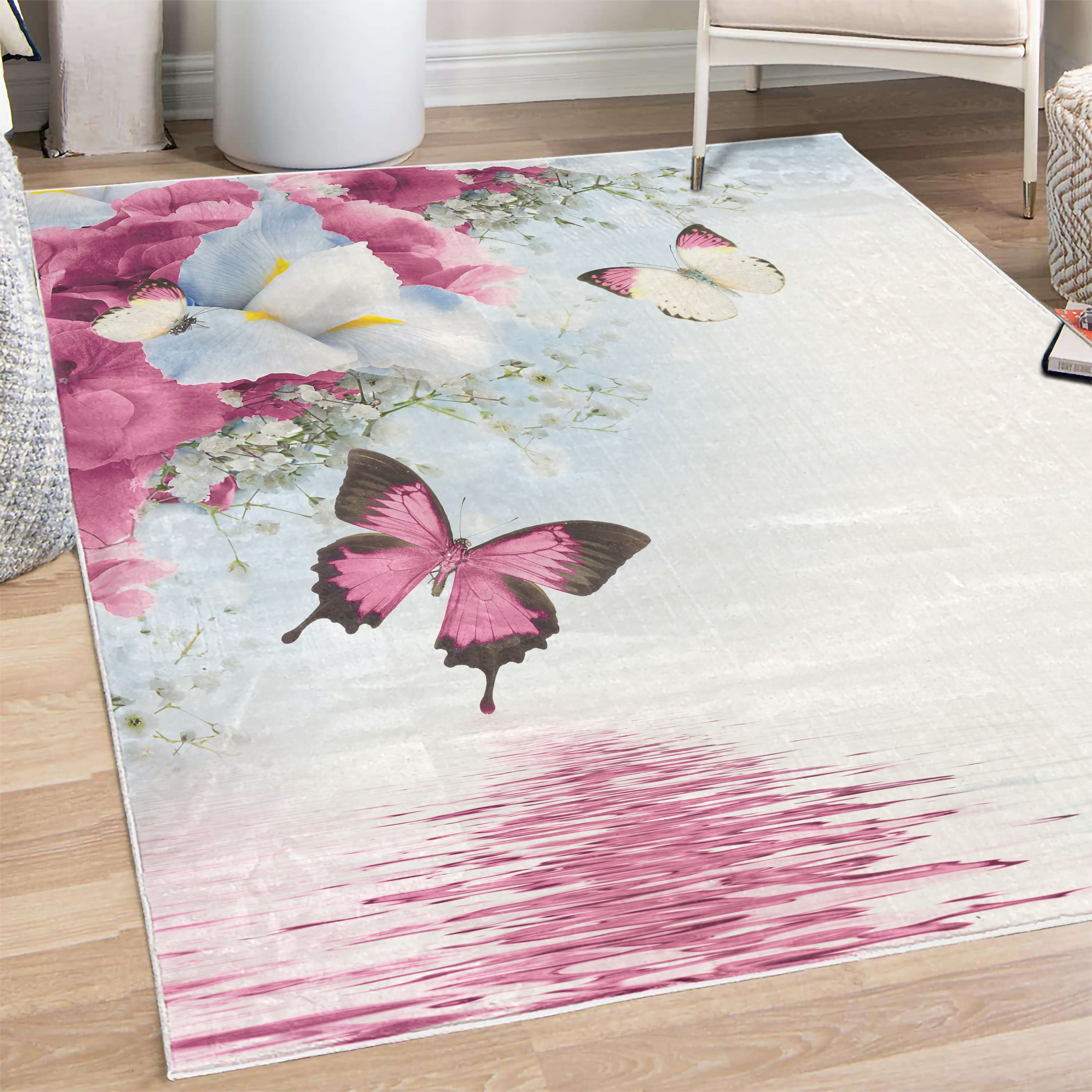 Floral Decorative Rug, Nature Theme Wild Flowers Monarch Flying ...