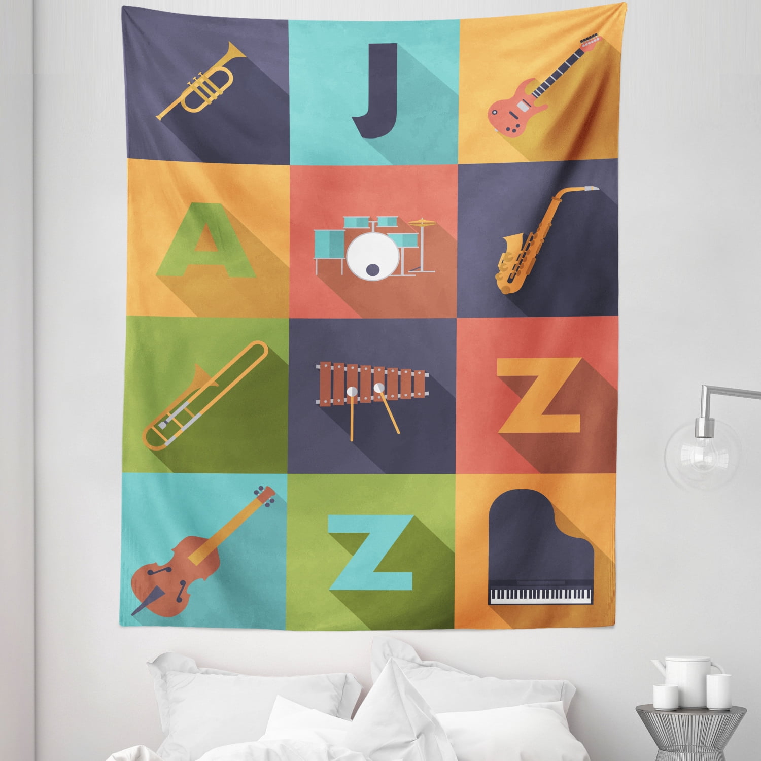 Colorful Tapestry, Colorful All Jazz Equipment Set on Flat Design Funky ...