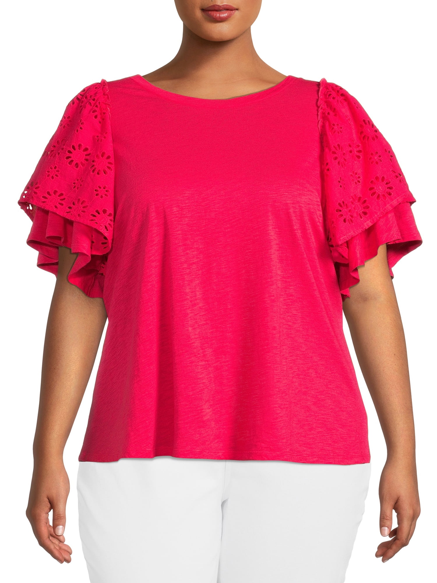 Terra & Sky Women's Plus Size Eyelet Flutter Sleeve Top - Walmart.com