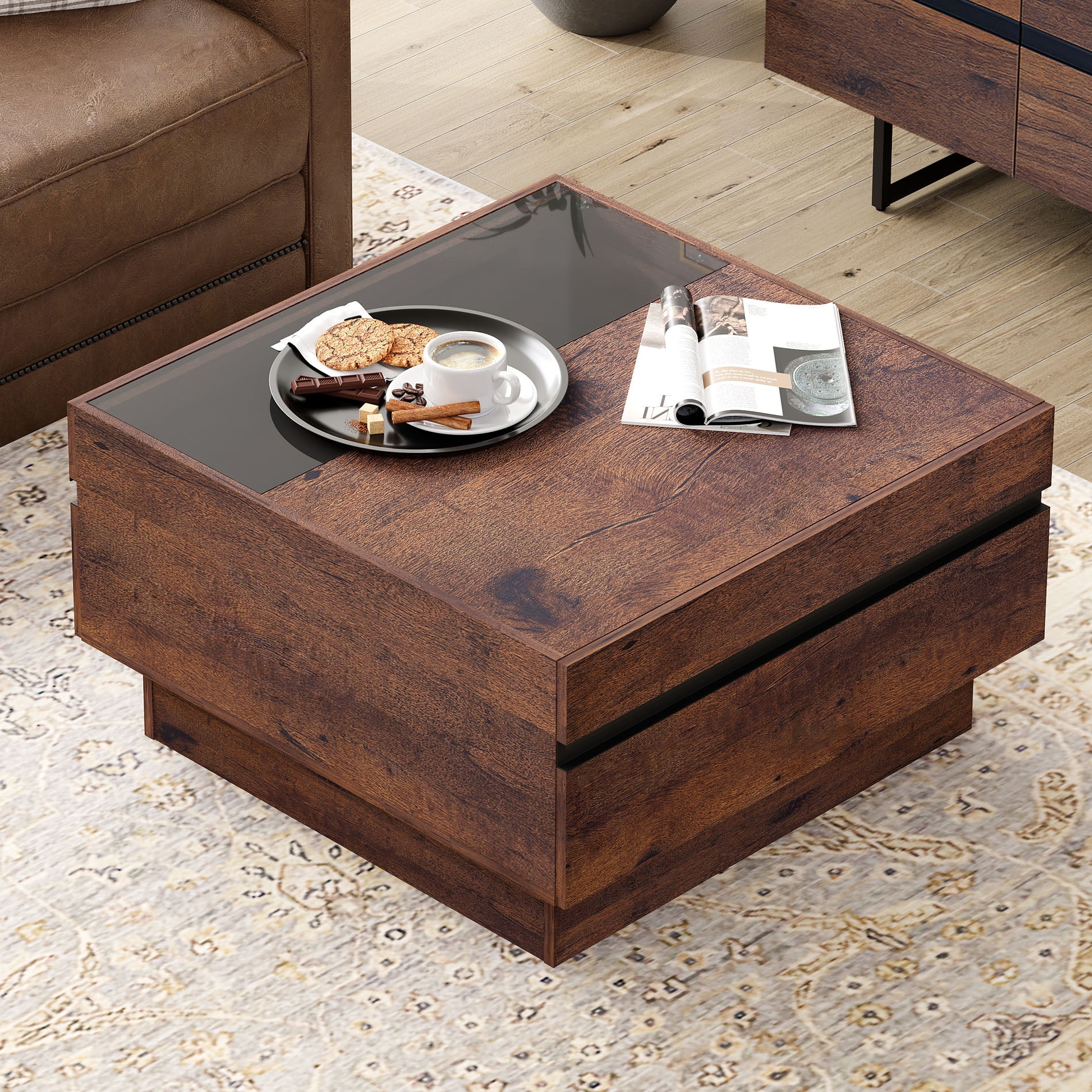 WAMPAT Modern Coffee Table, Square Living Room Tables with Tempered ...