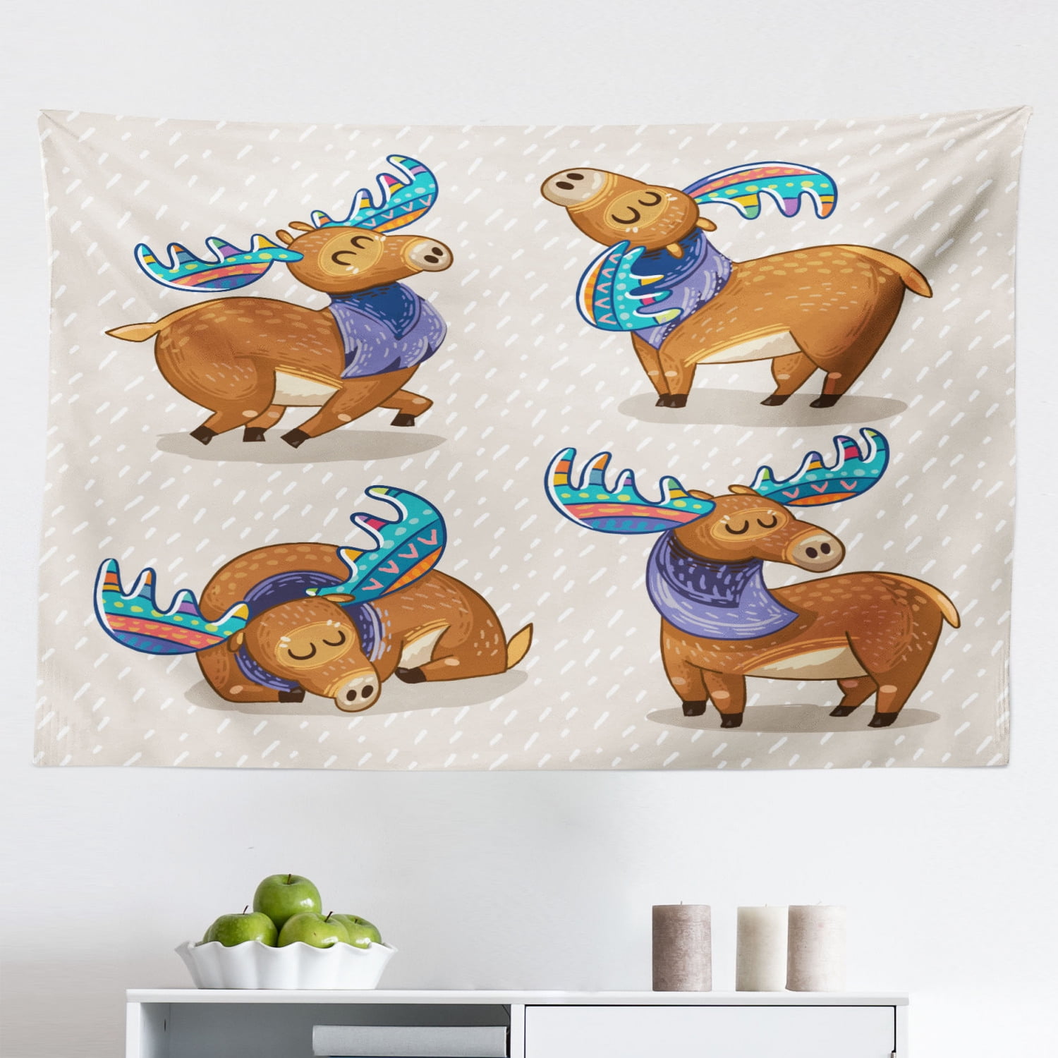 Moose Tapestry, Symbolic Northern Fauna with Deer Head Humorous Natural ...