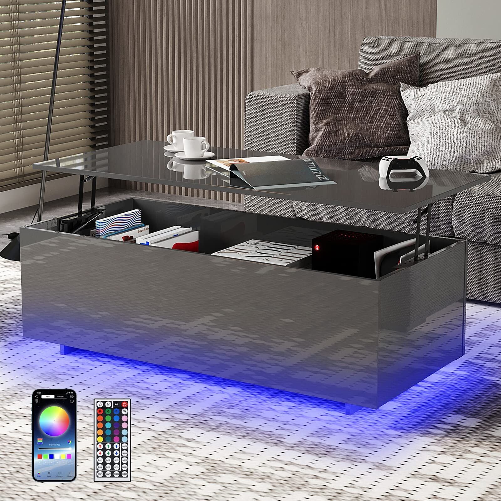 SHIYAO 47inch Modern LED Coffee Tables Lift Top with Storage and Hidden ...