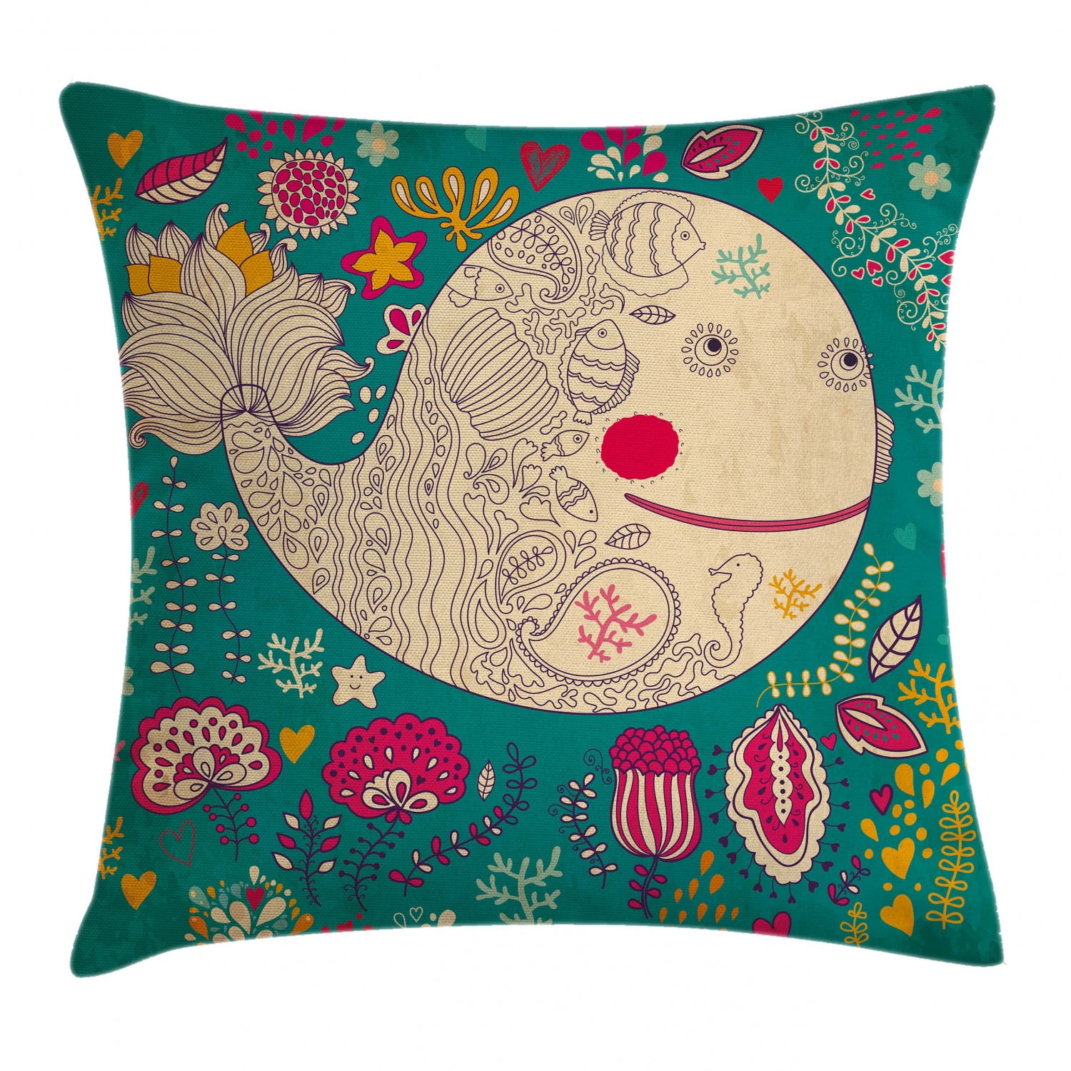 Whale Throw Pillow Cushion Cover, Happy Giant Sea Ocean Creature Whale ...