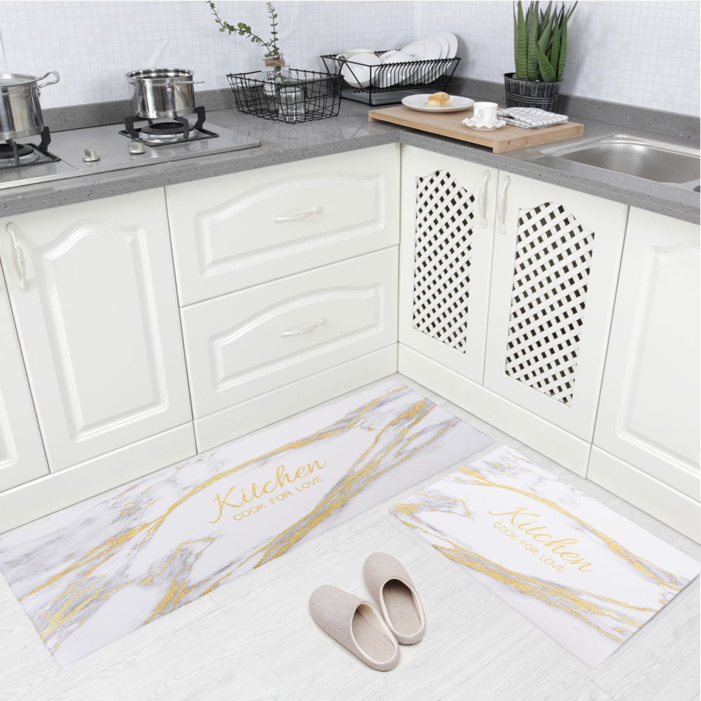 Carvapet 2 Pieces Comfort Anti-Fatigue Kitchen Mat Gold Marble Design ...
