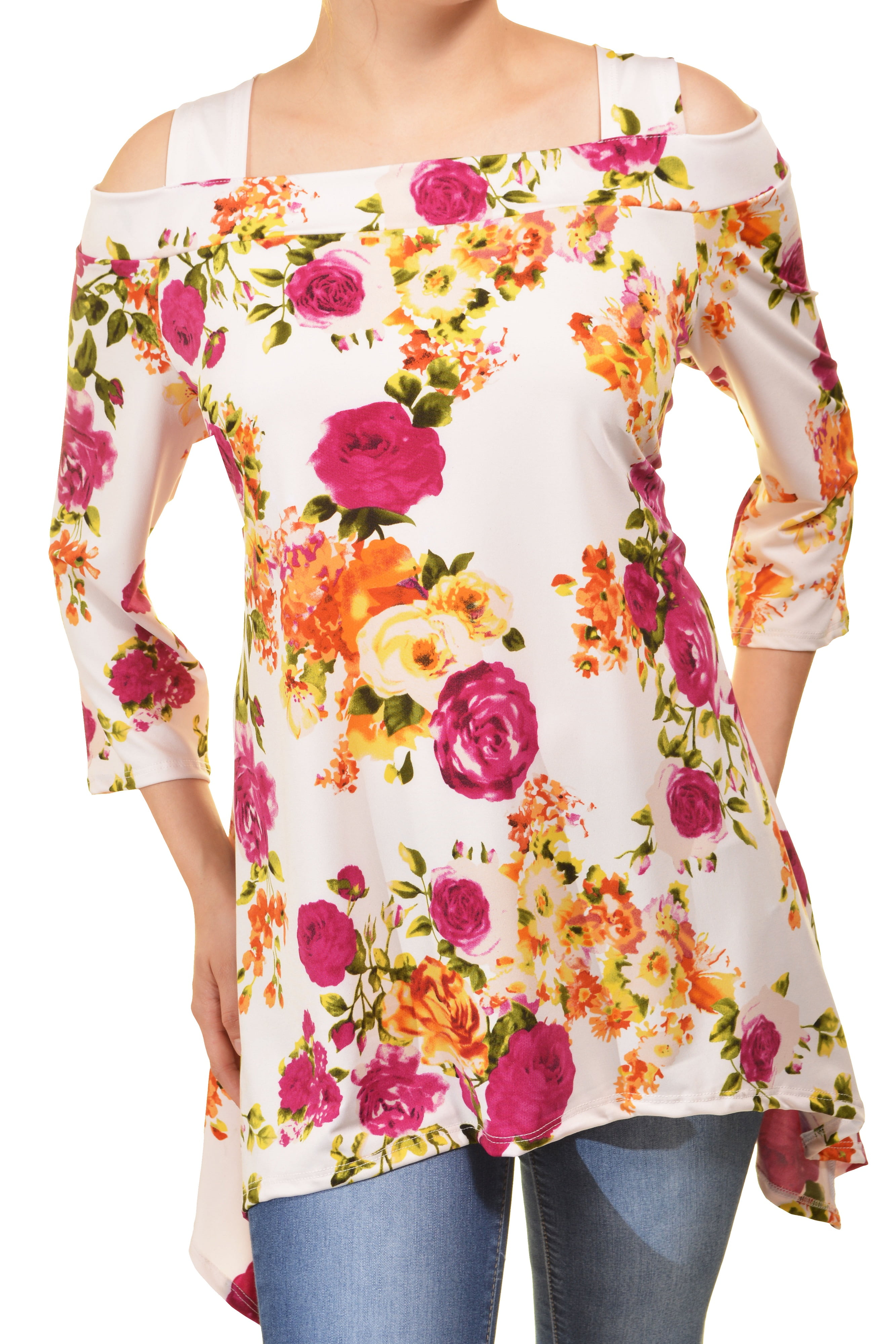Avital Womens Cold Shoulder Asymmetrical Trapeze Shirt (White Floral ...