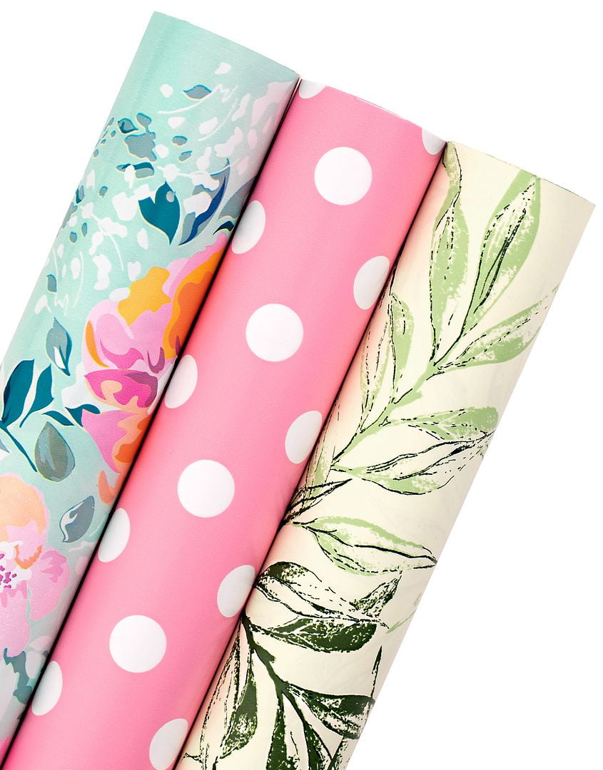 WRAPAHOLIC Wrapping Paper Roll - Floral and Polka Dot Design, Perfect ...