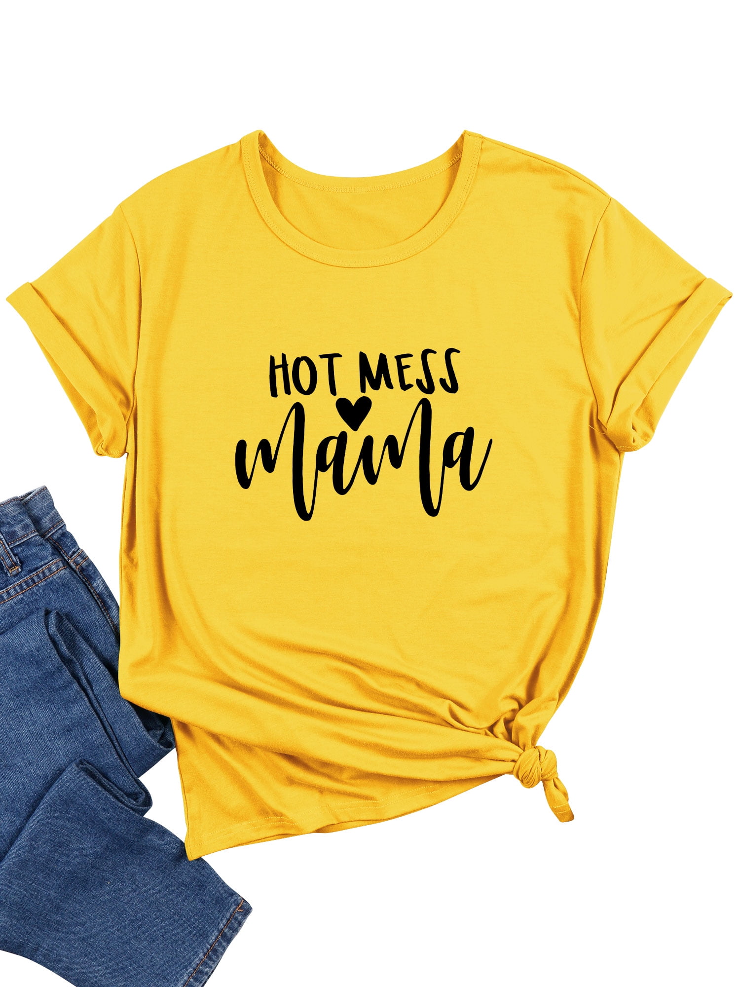 TWZH Women Hot Mess Mama Letter Tees Heart Graphic Print Short Sleeve ...