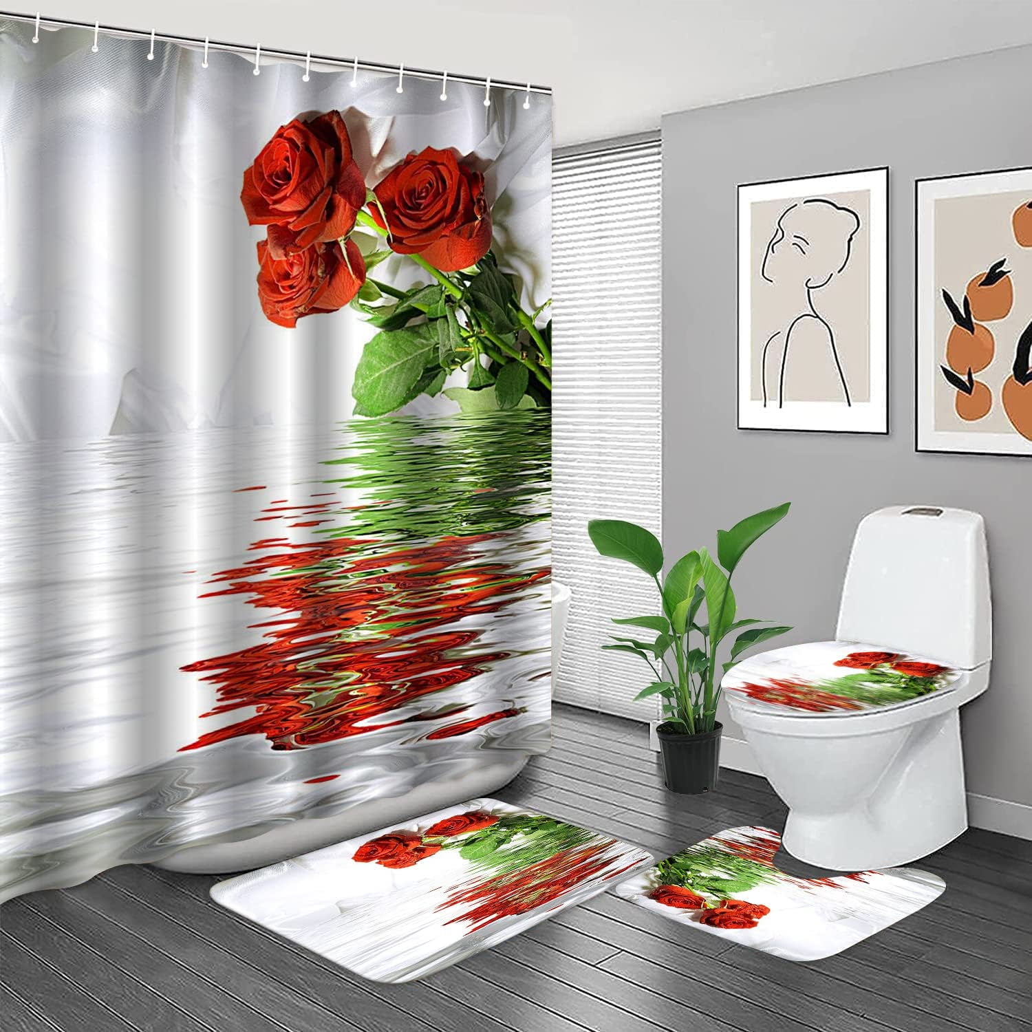 ZHANZZK Red Rose in Water 4 Piece Bathroom Set Shower Curtain Bath Rug ...