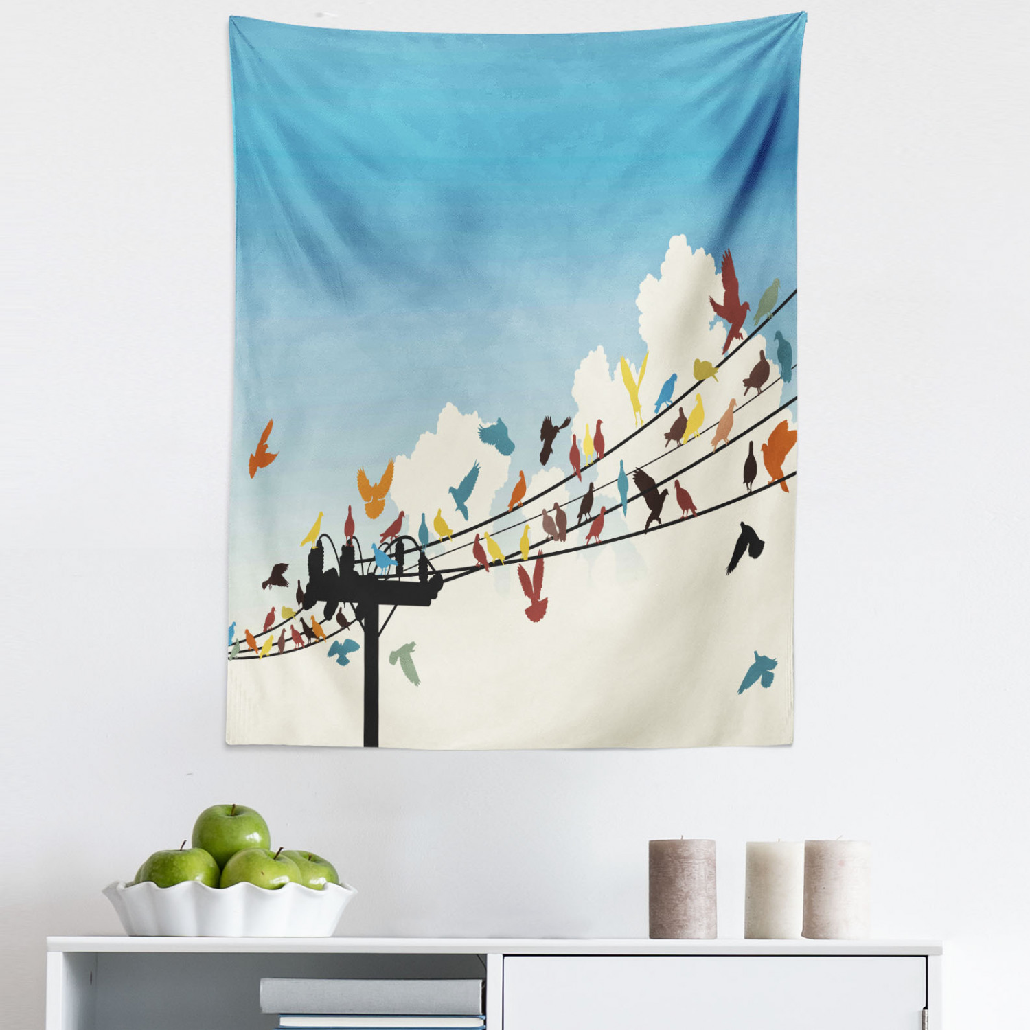 Multi Tapestry, Animal Theme Silhouettes of Colorful Birds Roosting on ...