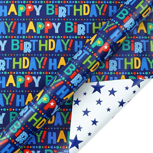 Birthday Wrapping Paper Roll for Boys Girls Kids Men Women - Blue Happy ...