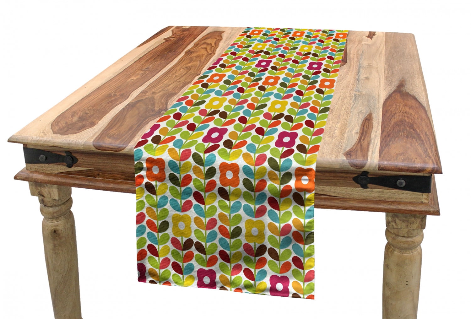 Colorful Table Runner, Scandinavian Leaves and Flowers Pattern with ...