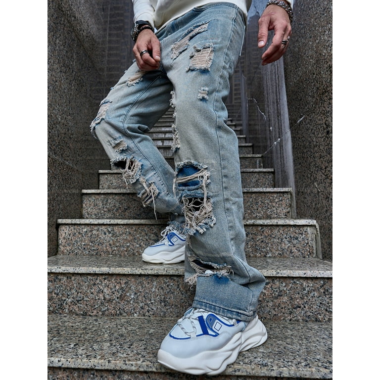 Shunvnny Men Ripped Distressed Denim Pants Mid Waist Shunvnny Men Ripped Distressed Denim Pants Mid Waist