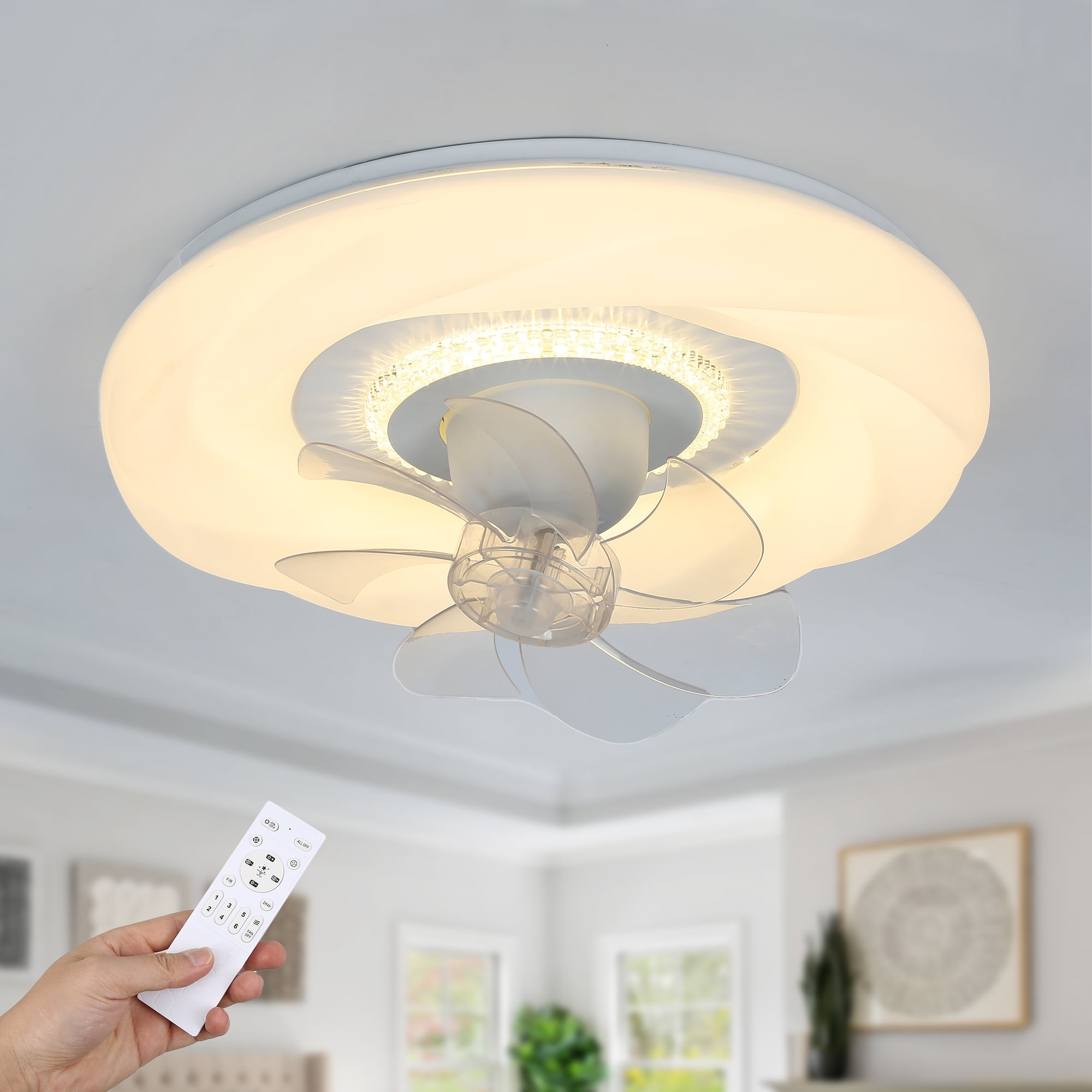 White Modern Flush Mount Ceiling Fan Low Profile Crystal Ceiling Light ...